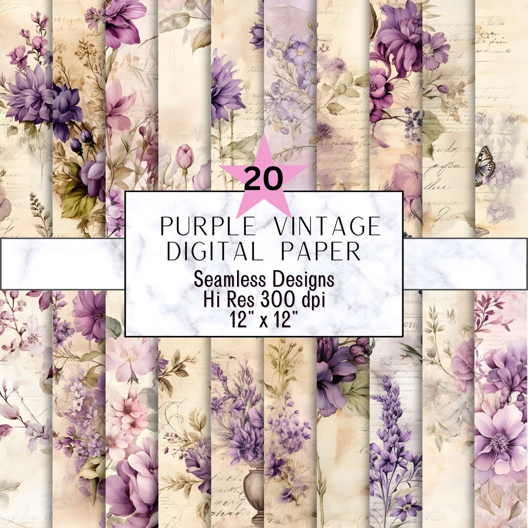 Vintage Purple Floral Digital Paper, Seamless Junk Journal Backgrounds ...