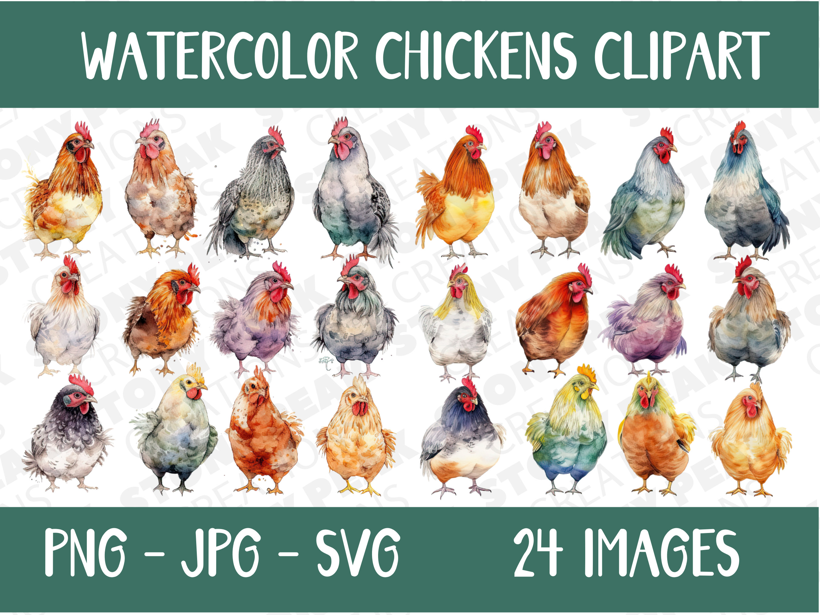Watercolor Chicken Clip Art Bundle Farmyard Chickens Digital Download Chicken Printables