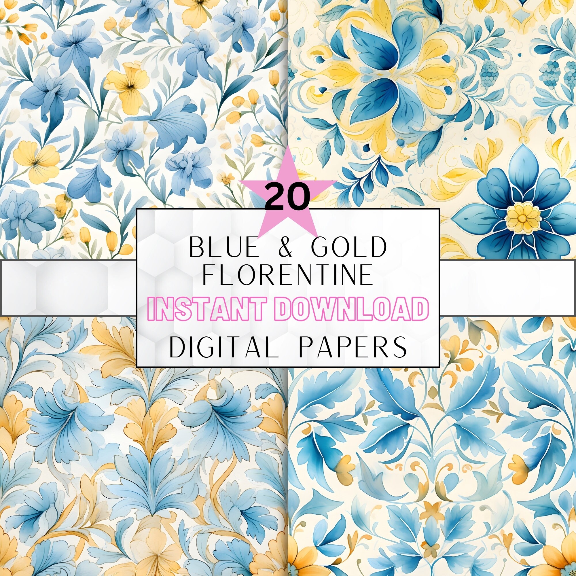 Florentine Style Seamless Digital Papers, Blue Gold Floral Patterns ...