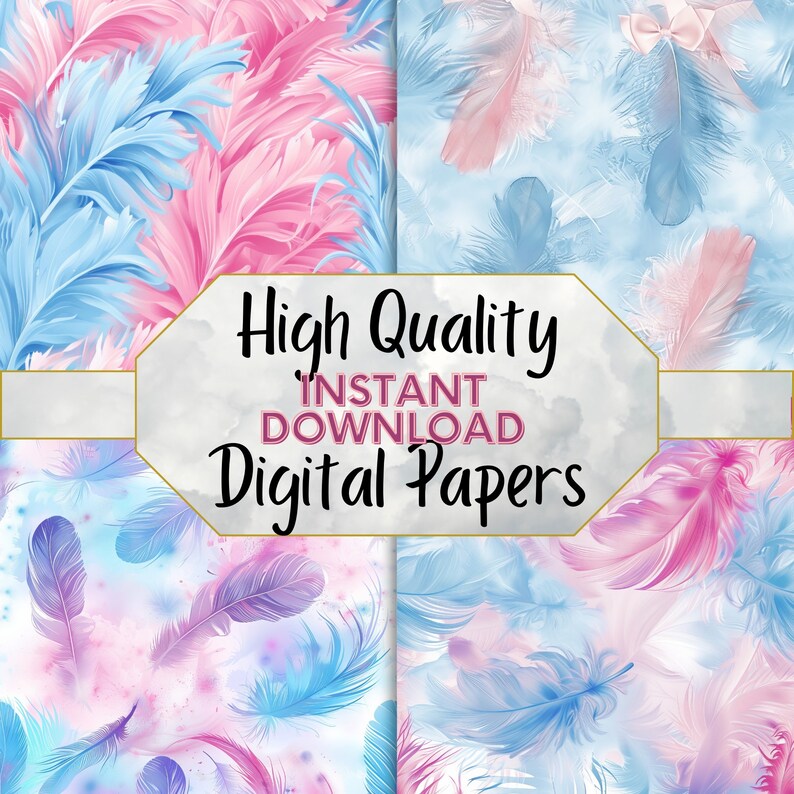 Chic Dreamy Feathers and Bows Digital Paper Pack, Seamless Pattern ...