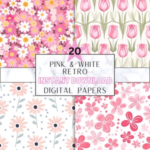 Pink and White Floral Digital Paper, Seamless Pattern Designs, 12x12 ...