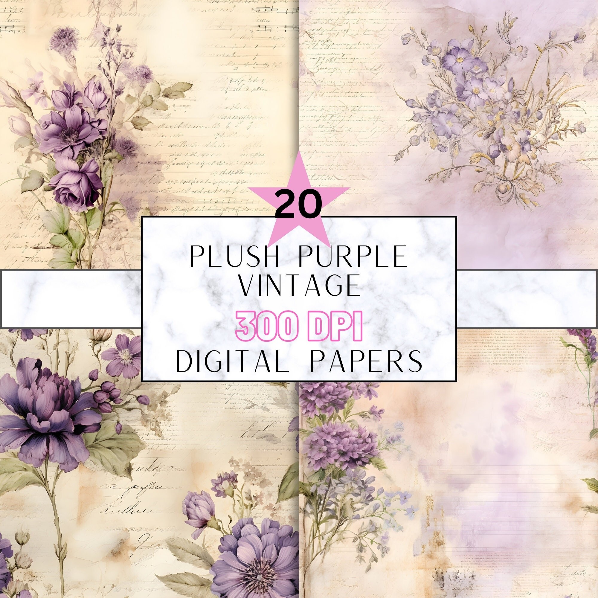 Vintage Purple Floral Digital Paper, Seamless Junk Journal Backgrounds ...