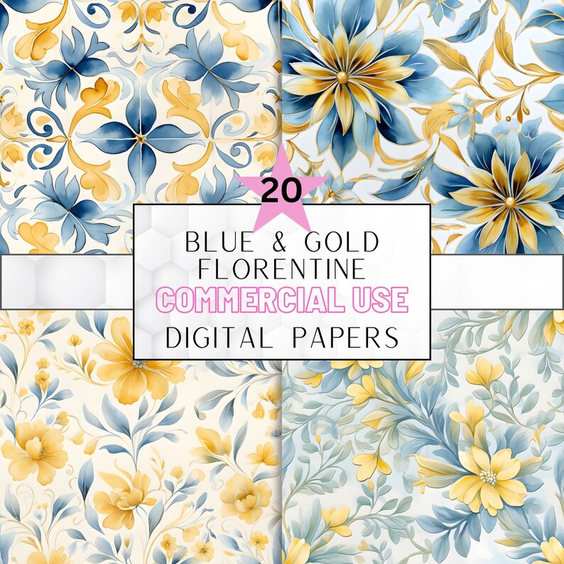 Florentine Style Seamless Digital Papers, Blue Gold Floral Patterns ...