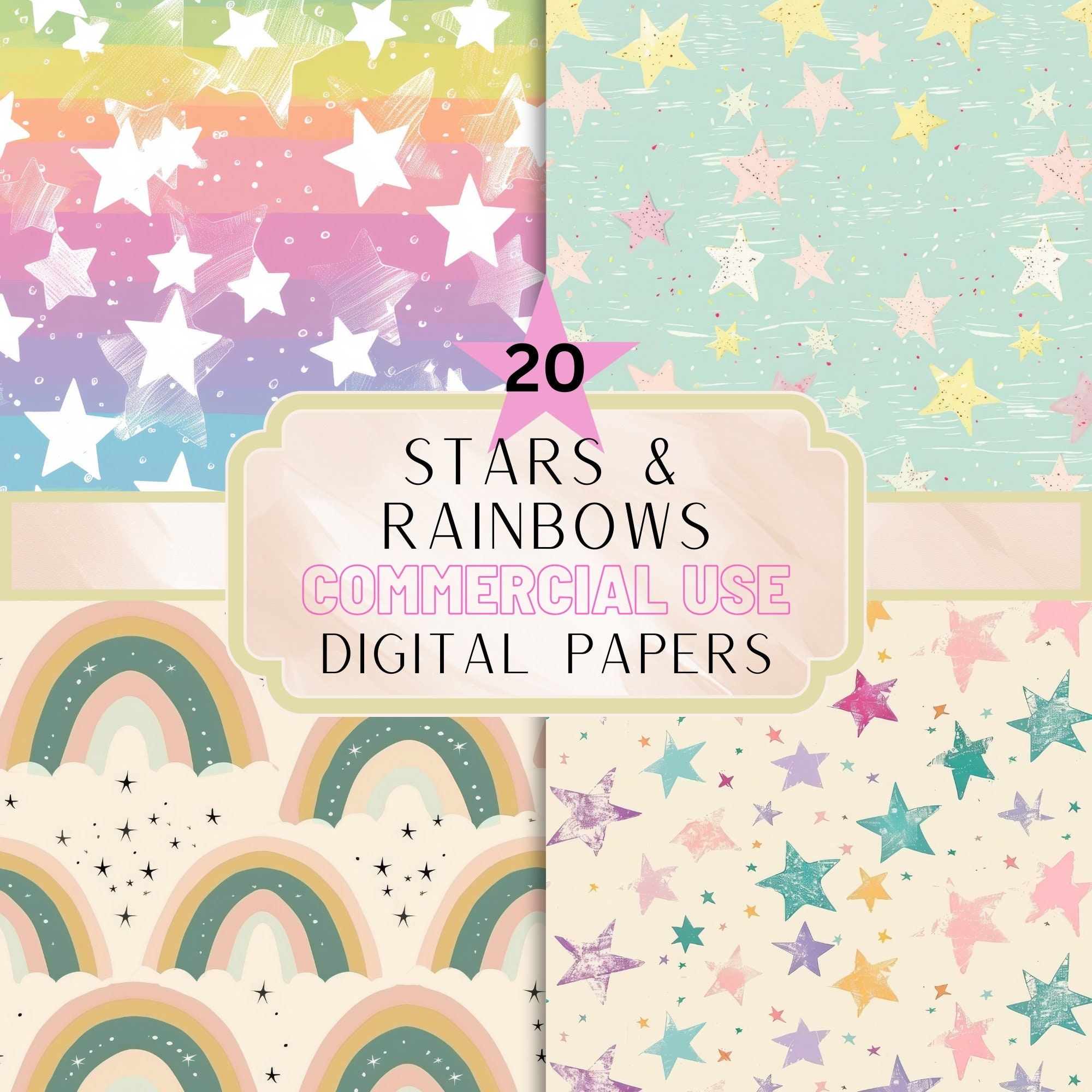 Pastel Rainbow and Stars Digital Paper Pack, Seamless Patterns, 12x12 ...