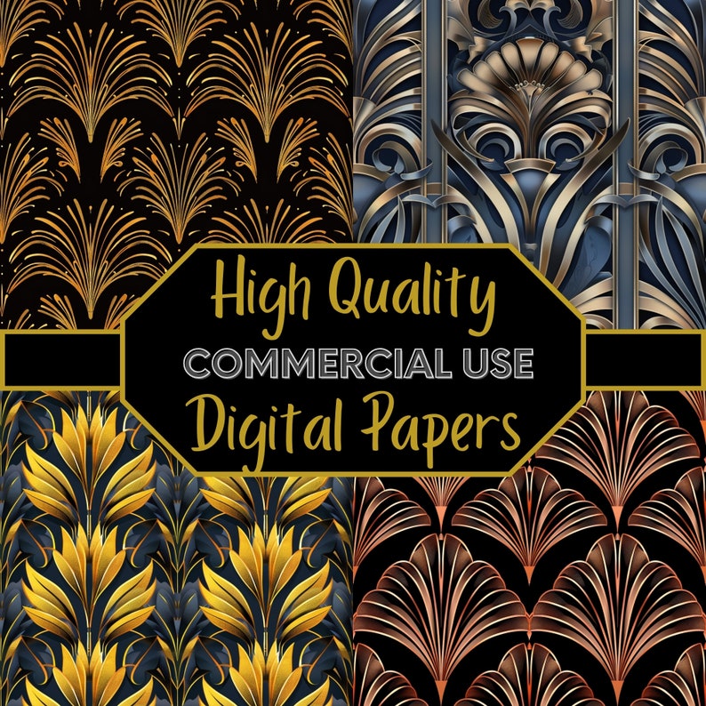 Metallic Art Deco Digital Paper Pack, Seamless Pattern Designs, 12x12 ...
