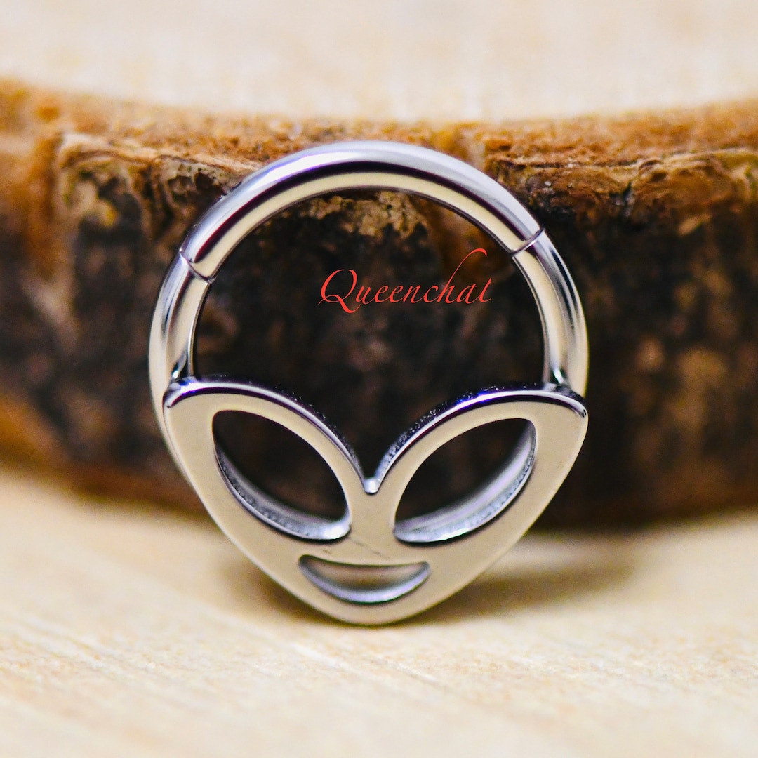 16G Alien Face Septum Ring • Silver Hinged Segment Hoop • 316L Surgical ...