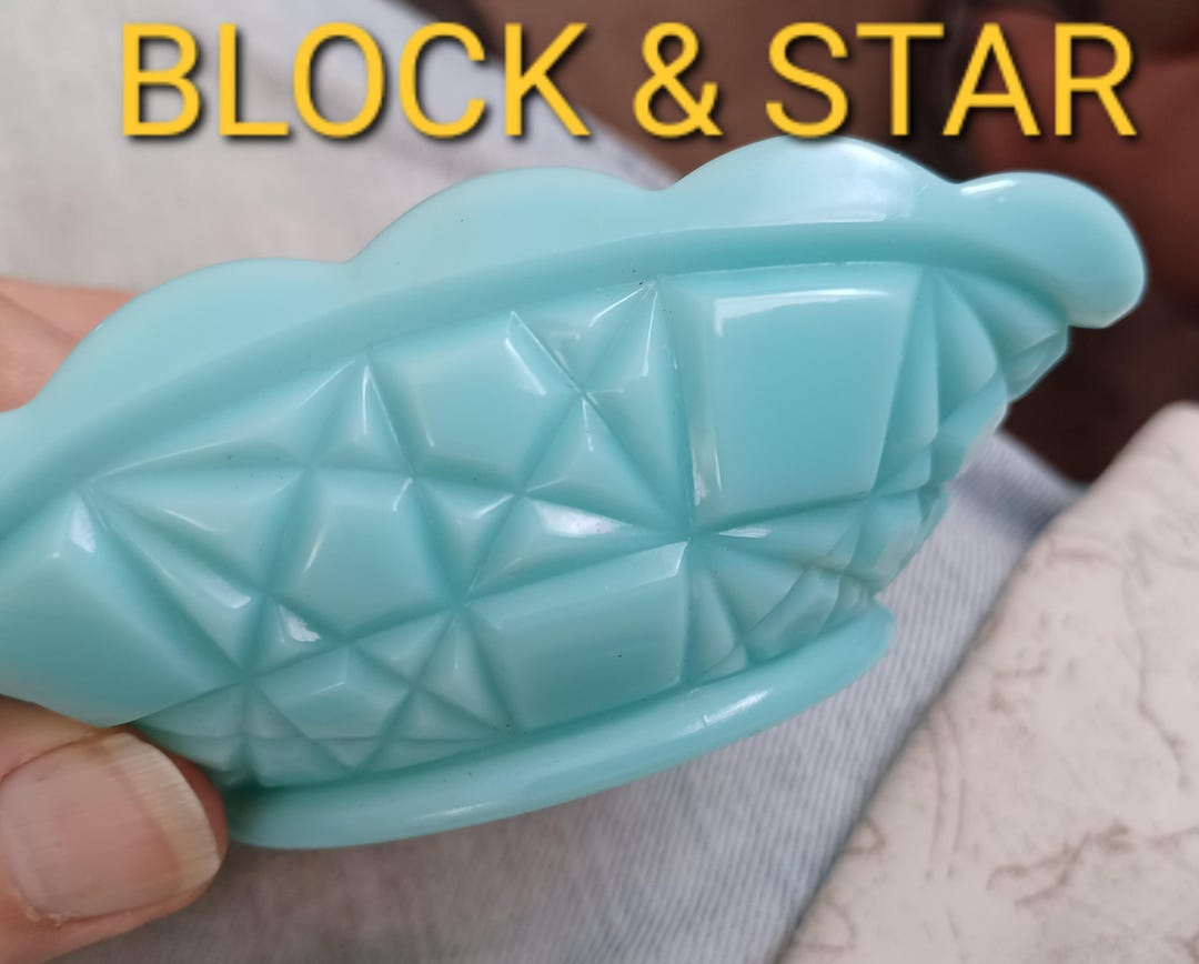 1955 Fenton Blue Milk Glass Bow Block and Star Pattern Bonbon Candy ...