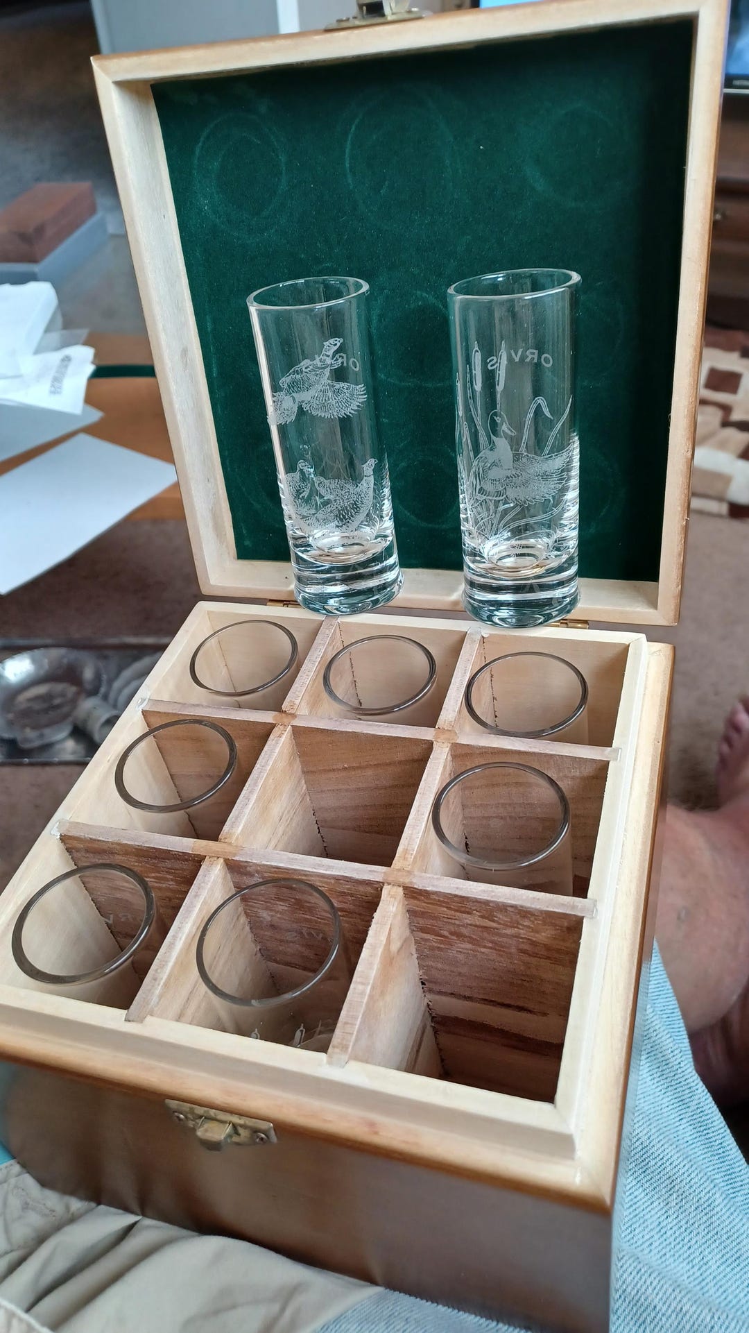 Orvis Shot Glass Shotgun Shell Set of 9 Nine in Original Wooden Box ...