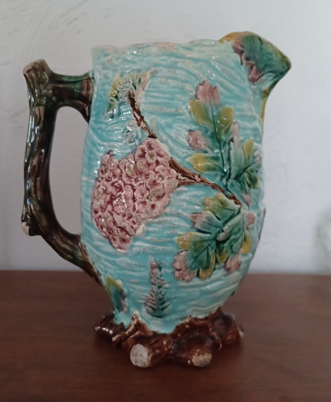 1881 Majolica Pottery Shorter & Boulton Wood Flowers Pitcher Branch ...
