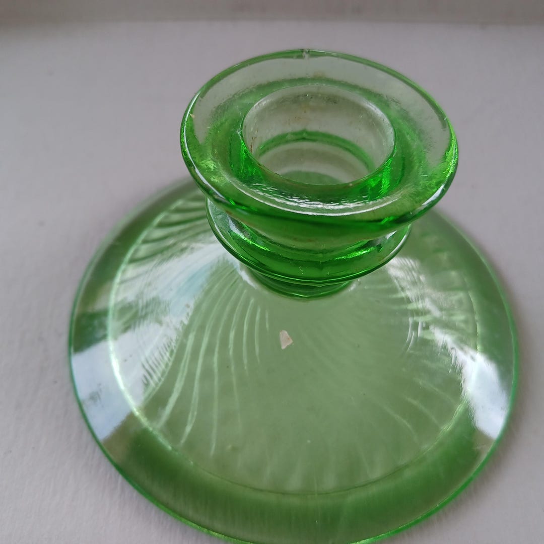 Vaseline Glass Candle Holder Mint Condition 4 Inches Wide 2 1/4" Fancy ...