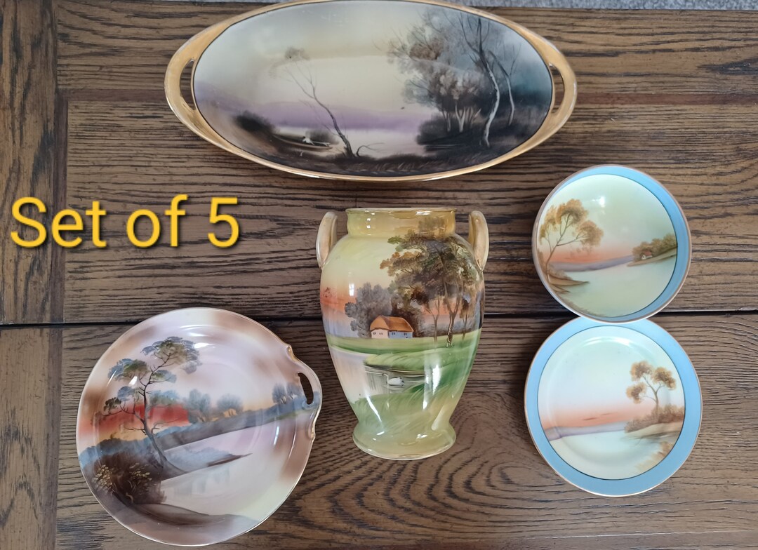 5 Noritake Morimura Hand Painted House by the Lake Flower Vase, Cake ...