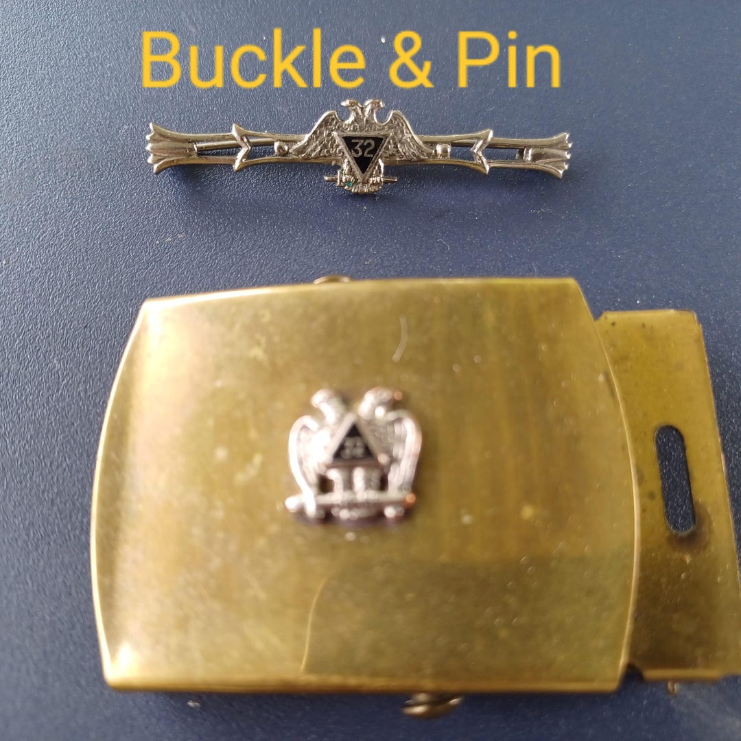32 Degree Mason Solid Brass Belt Buckle and Art Deco Pin 2" Double ...