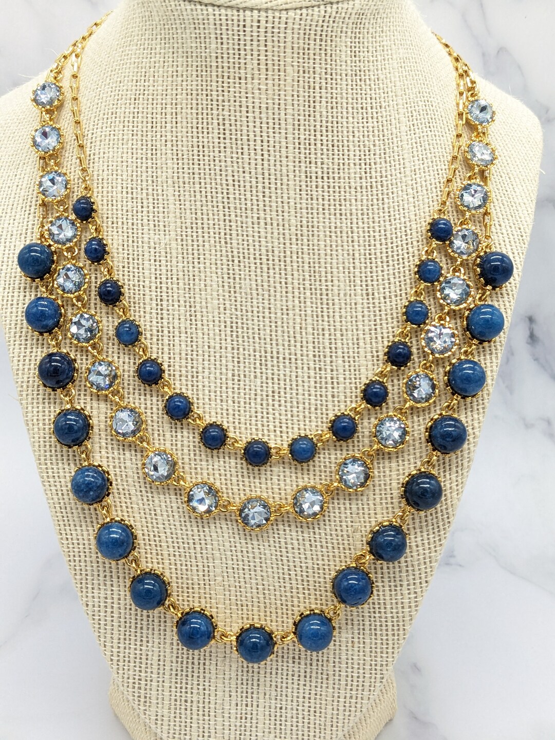 ANN TAYLOR Three Strand Blue Natural Stones and Rhinestones Necklace ...