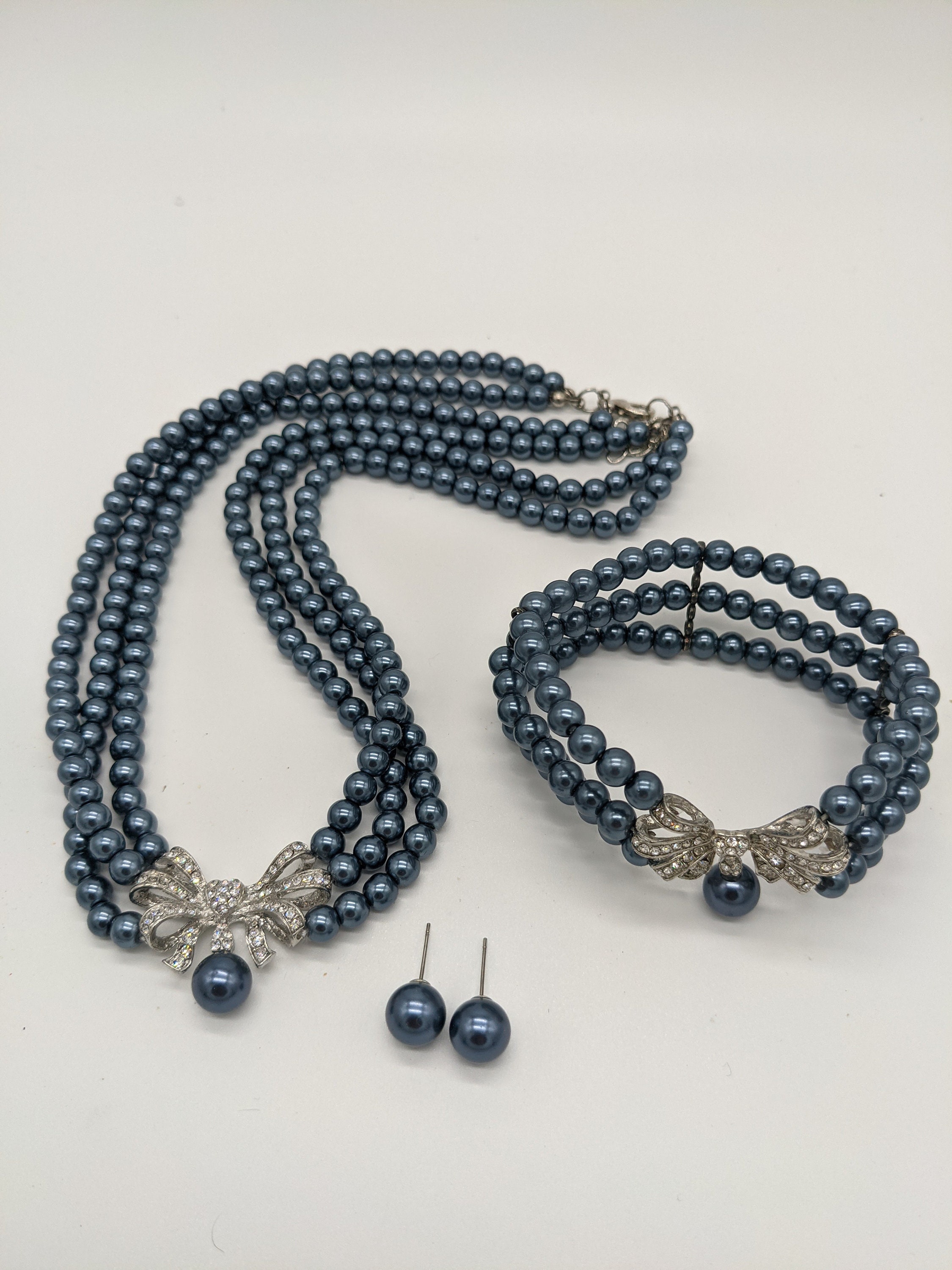 Set of Blue Faux Pearls Necklace Stretch Bracelet and Earrings. - Etsy