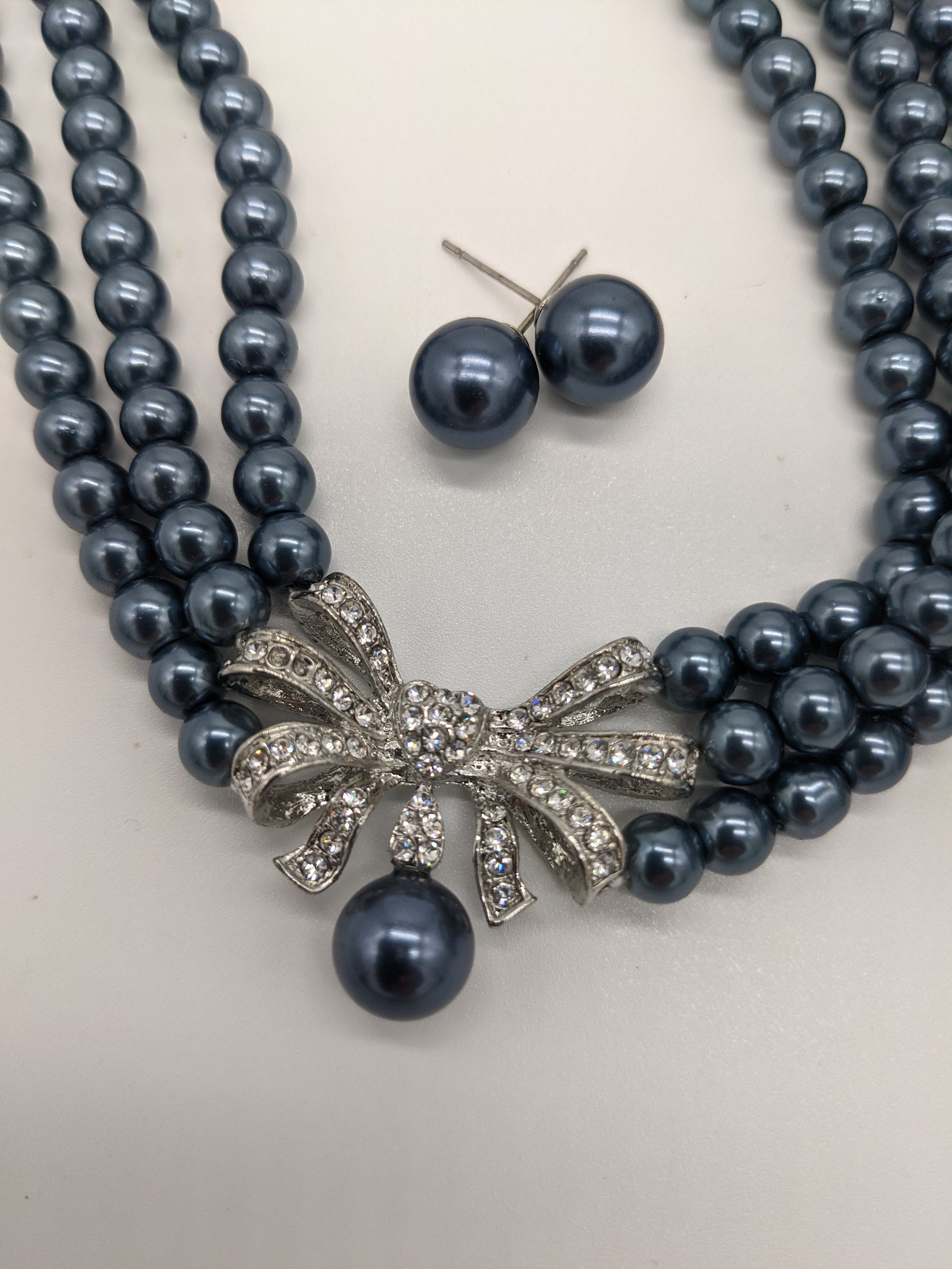 Set of Blue Faux Pearls Necklace Stretch Bracelet and Earrings. - Etsy