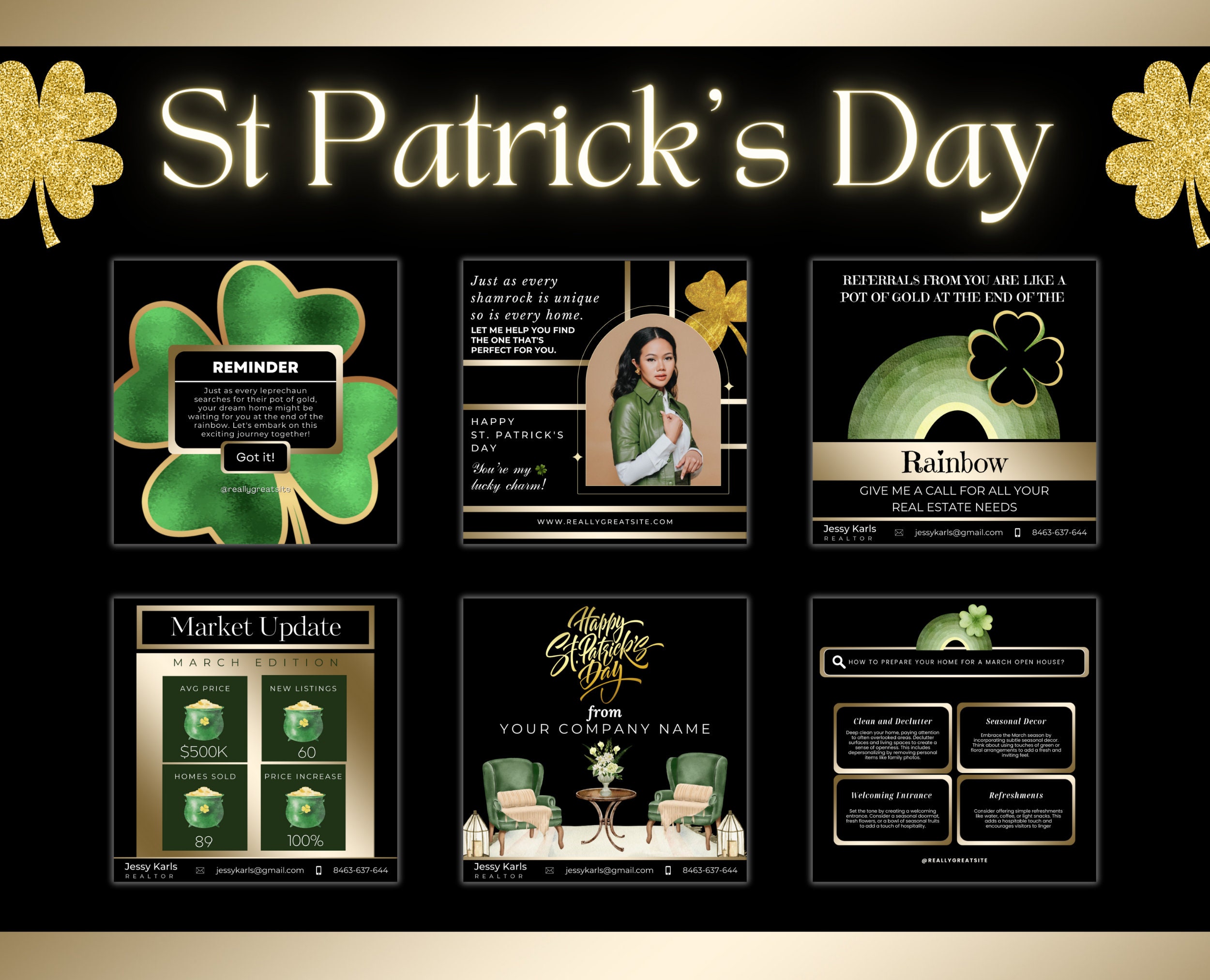 Black and Gold March Real Estate Marketing Templates| St Patricks Day ...