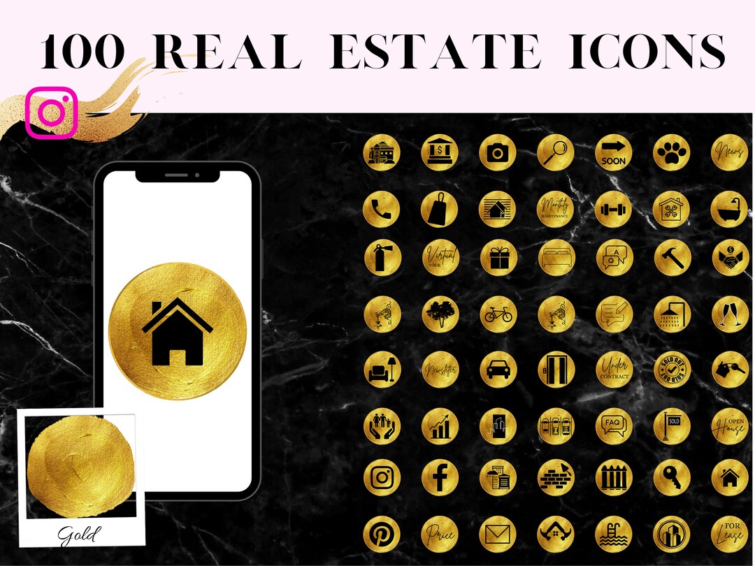100 Gold Real Estate Highlight Icons| Glossy Instagram Highlights ...