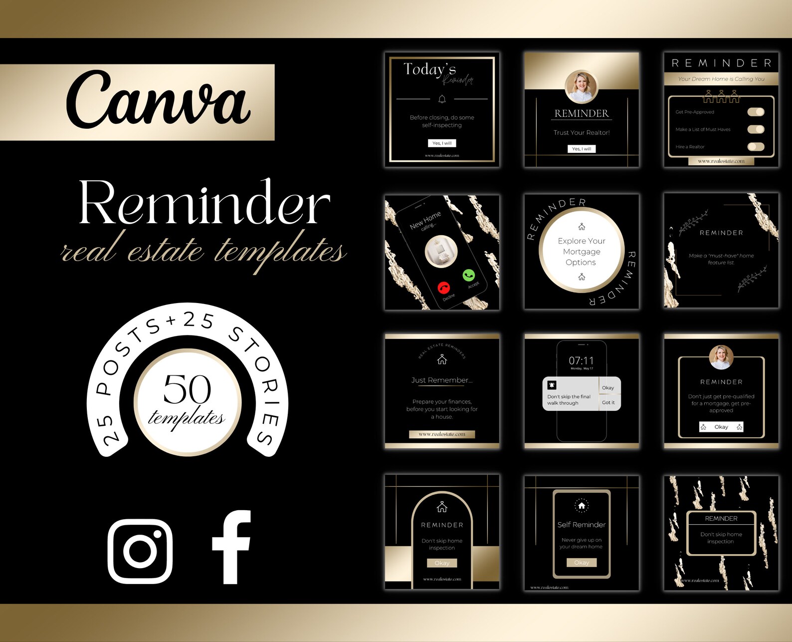 50+ Black and Gold Reminder Real Estate Marketing Templates| Real ...