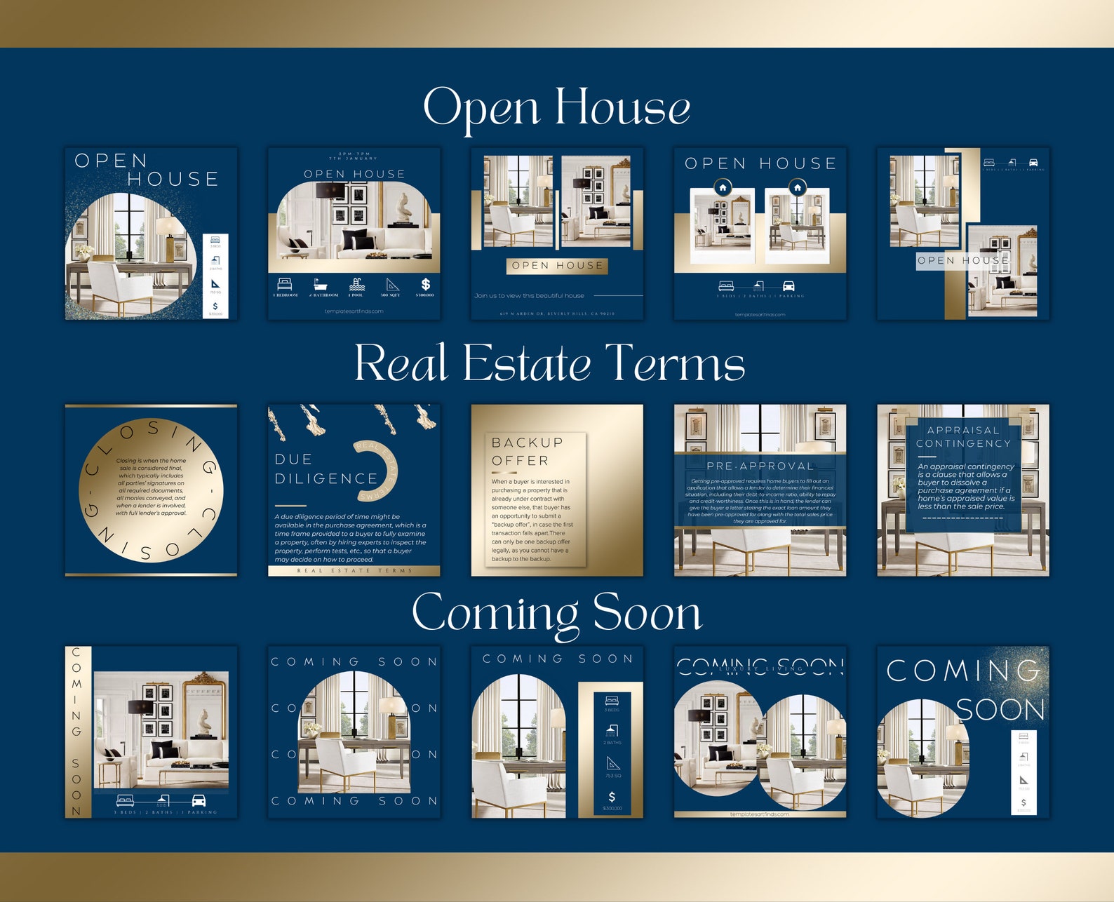 650 Blue and Gold Real Estate Luxury Marketing Template Bundle Realtor ...