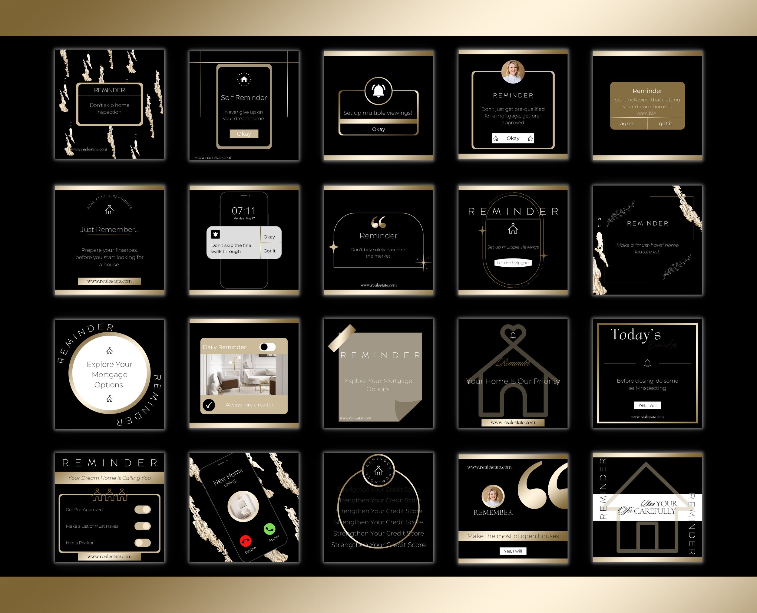 50+ Black and Gold Reminder Real Estate Marketing Templates| Real ...