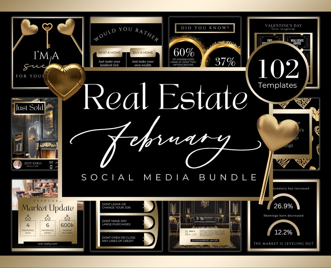 Black and Gold February Real Estate Templates| Valentines Real Estate ...