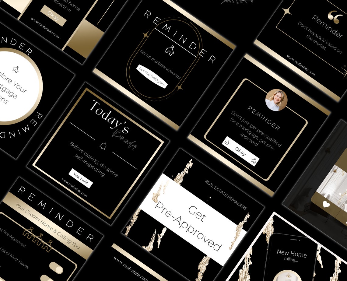 50+ Black and Gold Reminder Real Estate Marketing Templates| Real ...