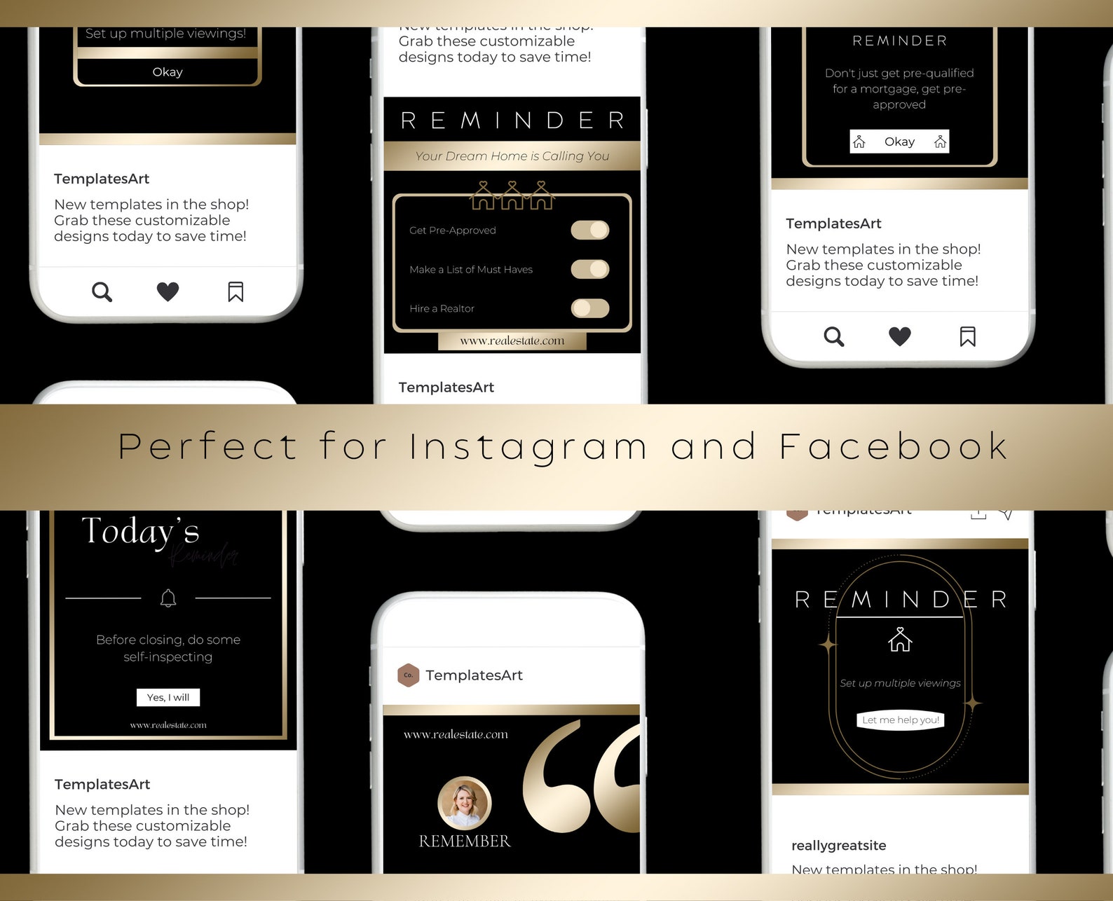 50+ Black and Gold Reminder Real Estate Marketing Templates| Real ...