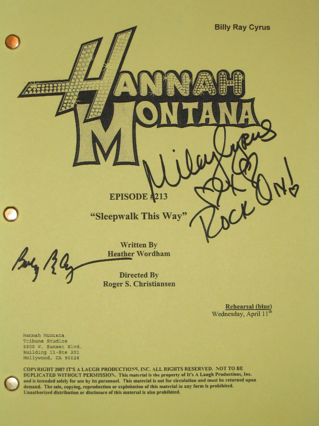 Hannah Montana Signed TV Script Screenplay sleepwalk This Way X2 ...