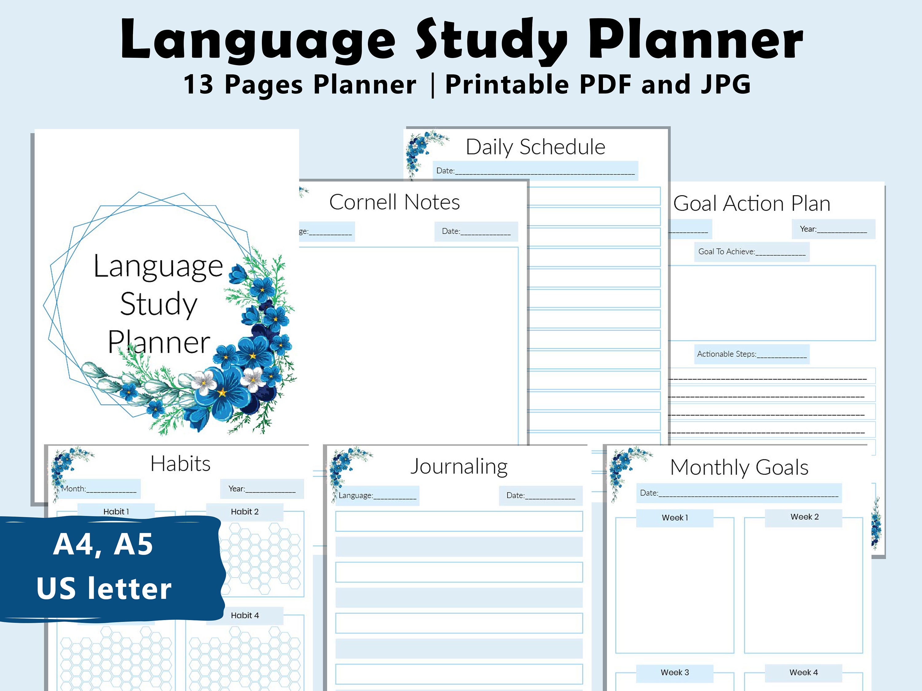 Paper Editable Study Schedule A4 Printable Language Study Planner US ...