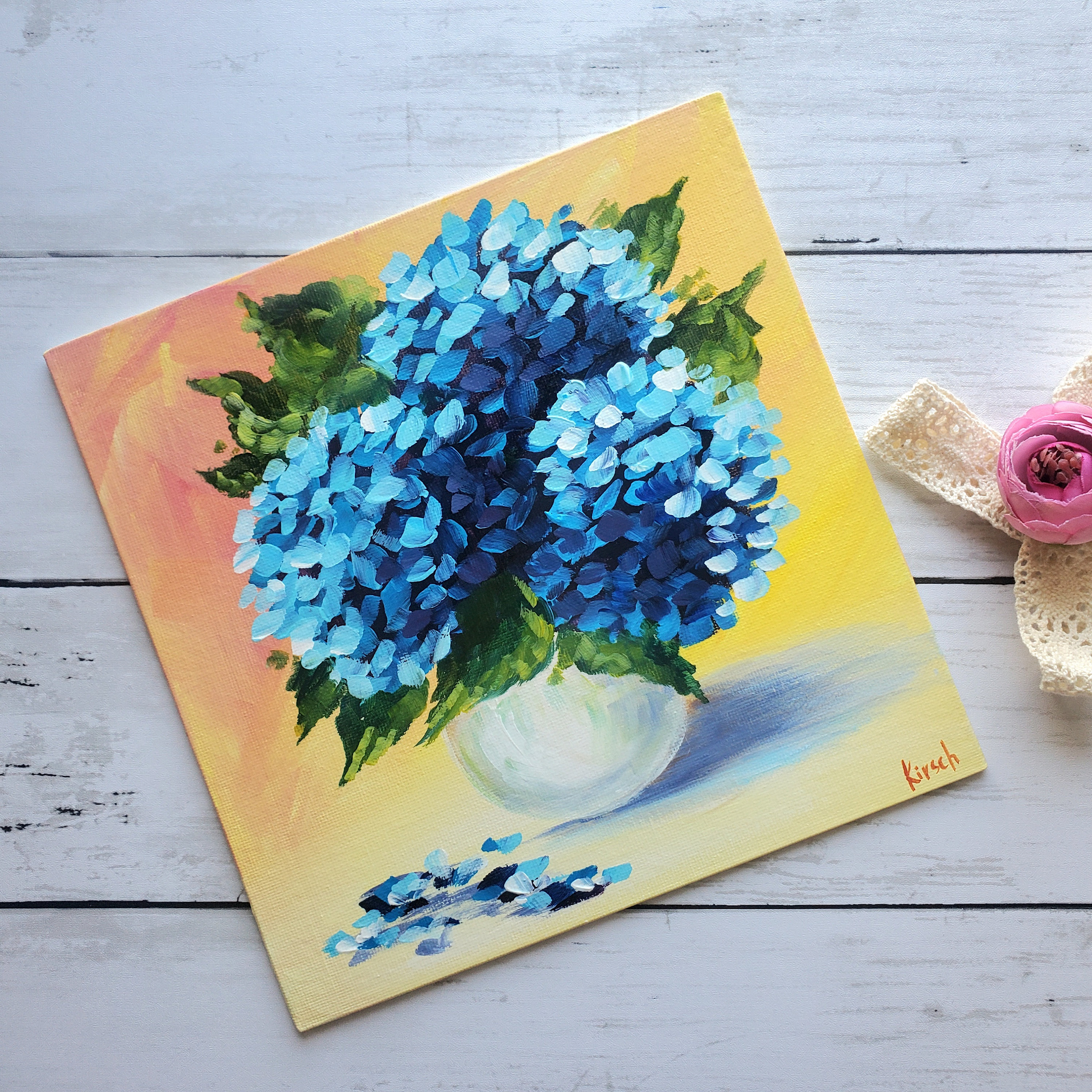 Hydrangeas Painting on Canvas Panel, Original Hydrangea Artwork 8x8 In ...