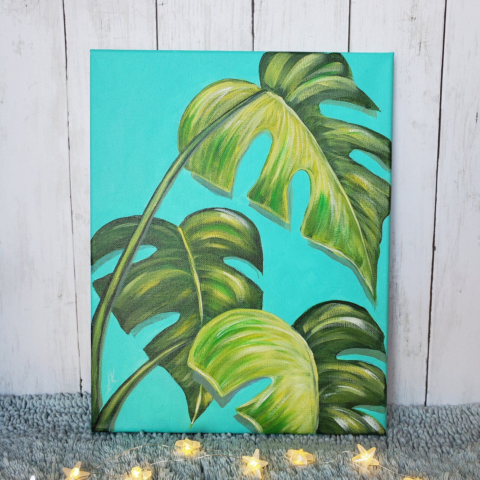 Tropical Leaves Pop Art Painting on Canvas 11x14 In, Original Tropical ...