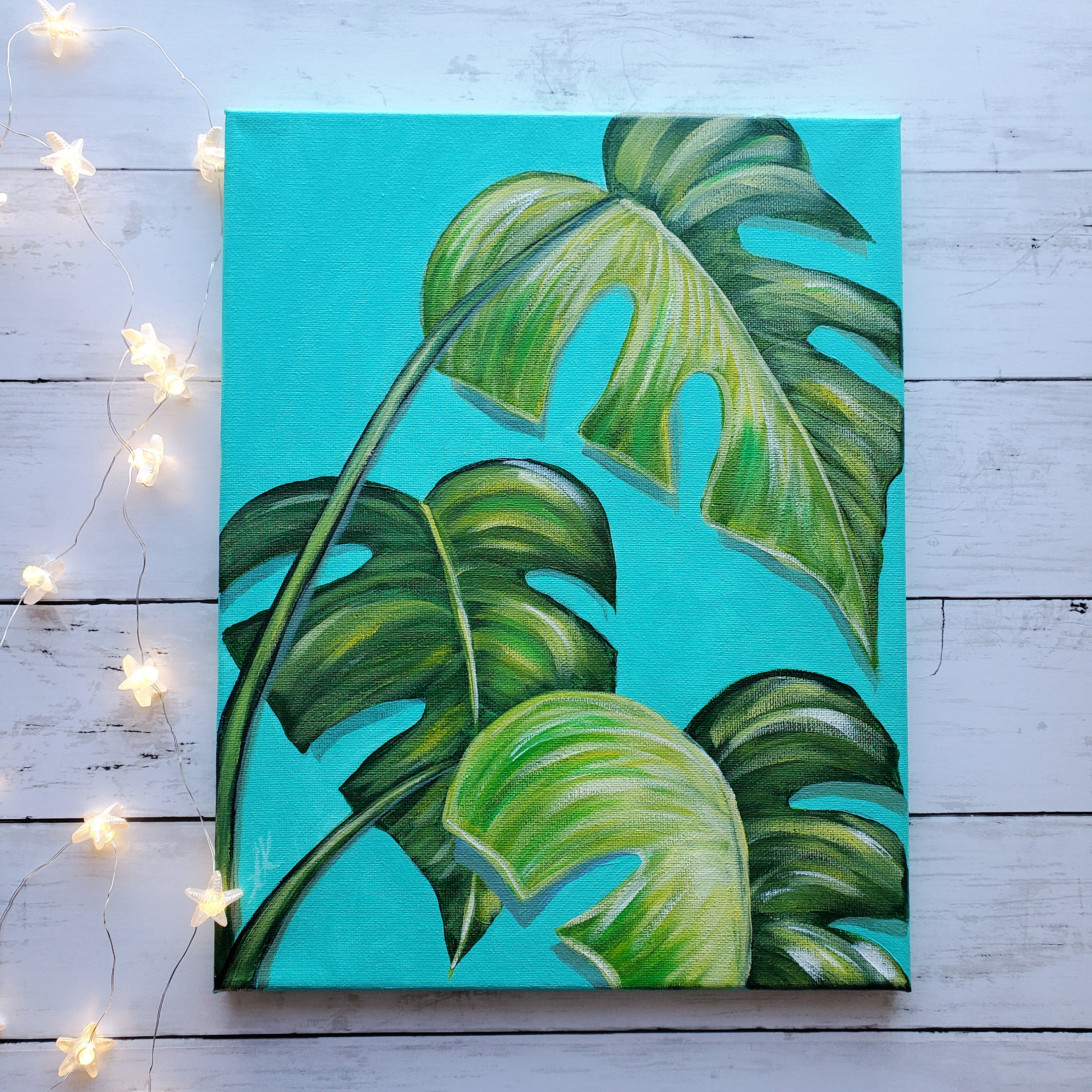 Tropical Leaves Pop Art Painting on Canvas 11x14 In, Original Tropical ...