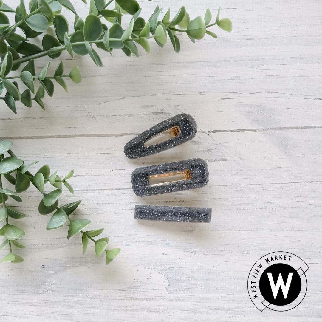 Silver Glitter and Black Mica Resin Hair Clip Set of 3 - Etsy