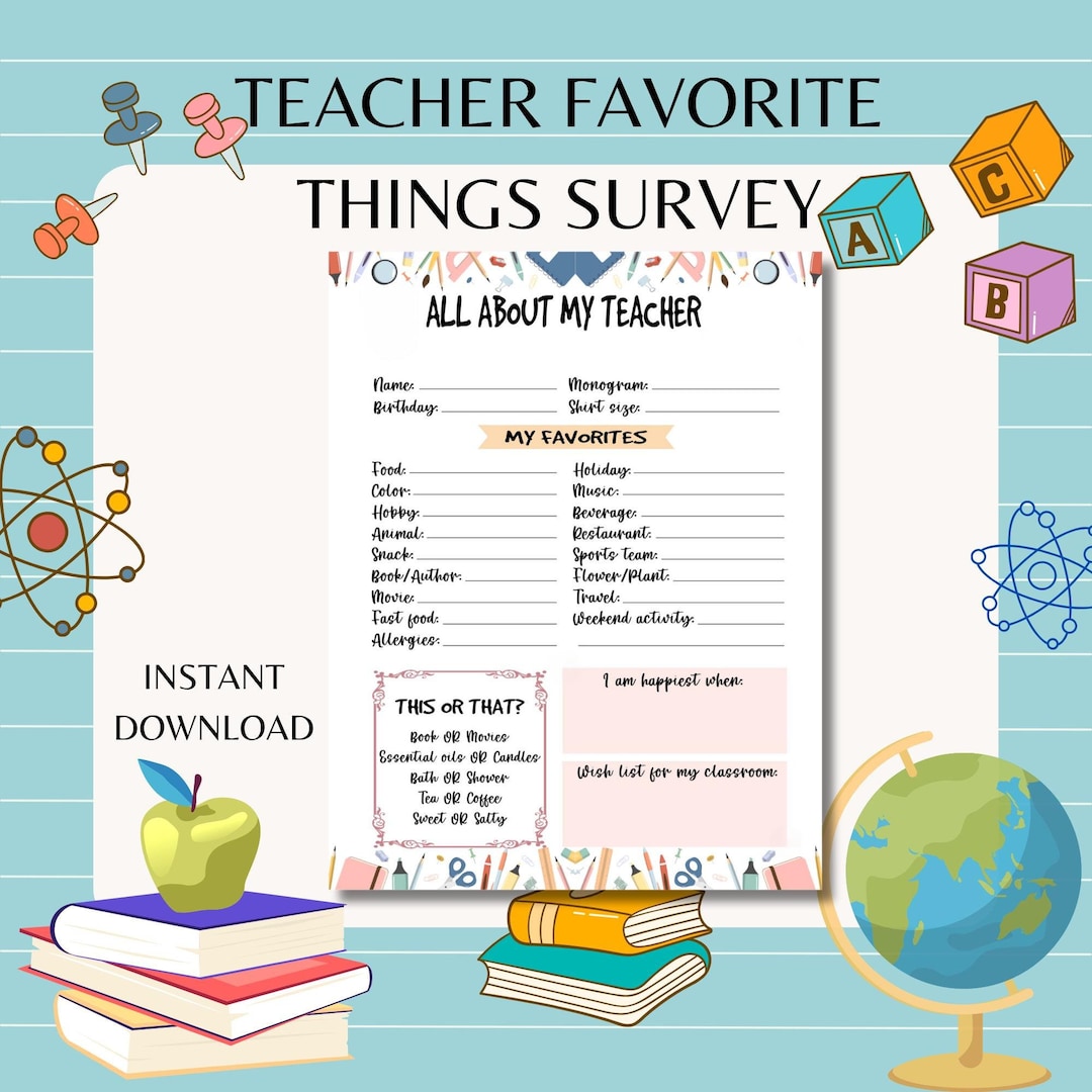 Teacher Favorite Things Survey: Printable Questionnaire (digital ...