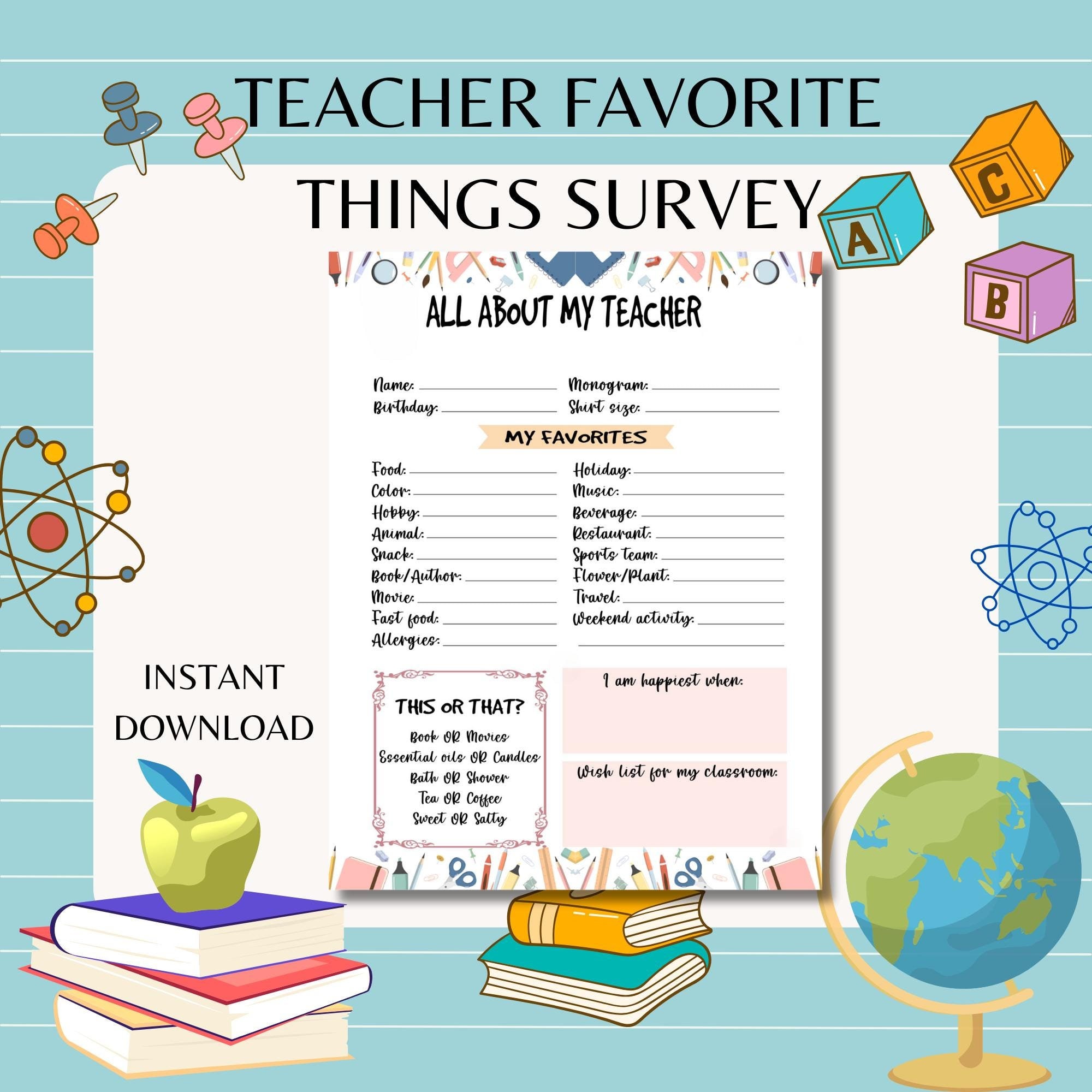 Teacher Favorite Things Survey: Printable Questionnaire (digital ...