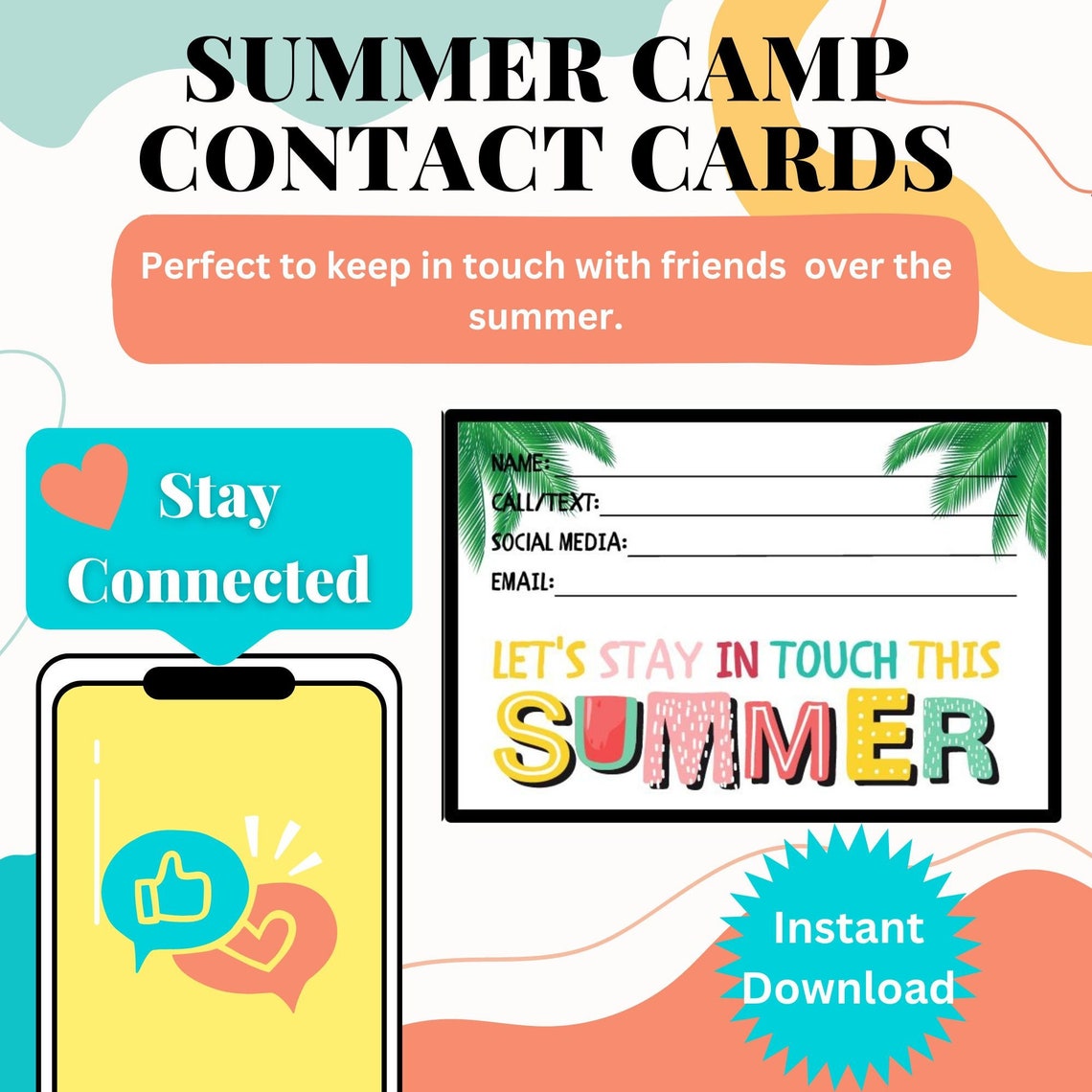 Colorful Printable Summer Contact Cards - Play Date Calling Cards for ...