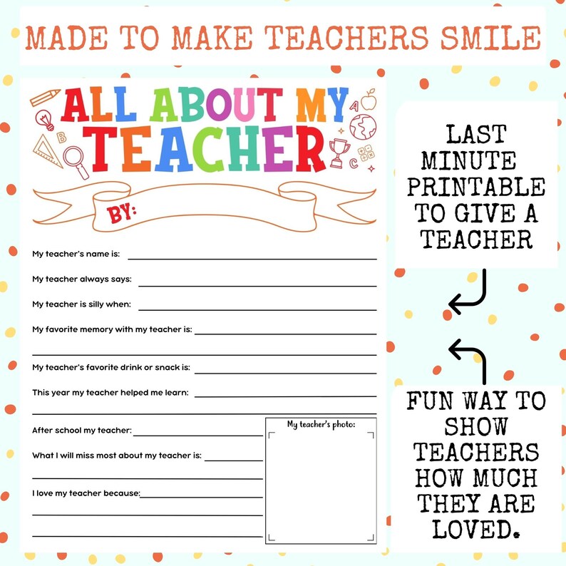 Teacher Appreciation Survey: All About My Teacher Printable (PDF) - Etsy