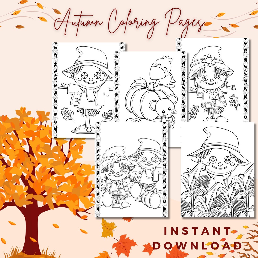 Fall Scarecrow Coloring Pages: Autumn Kids Activity (digital Download ...