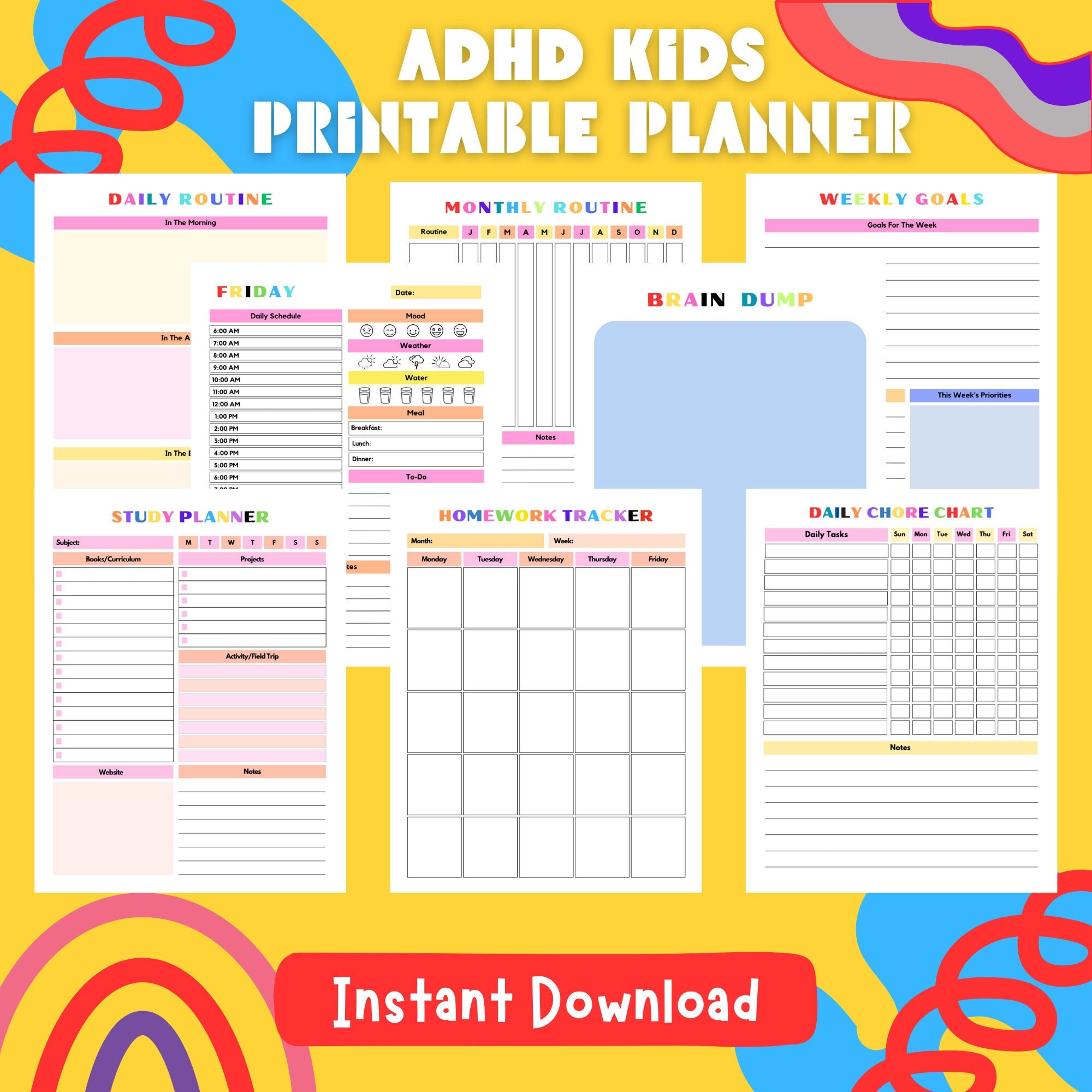 Organizational Skills, ADHD Printable Planner for Kids,adhd Planner ...