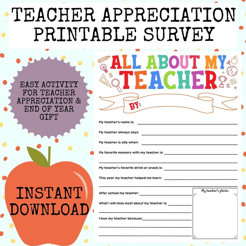 Teacher Appreciation Survey: All About My Teacher Printable (PDF) - Etsy