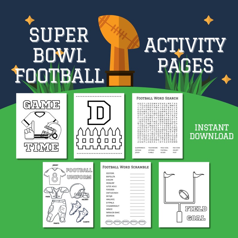 Football Super Bowl Coloring Activity Pages, Game Time Snacks, Game Day ...