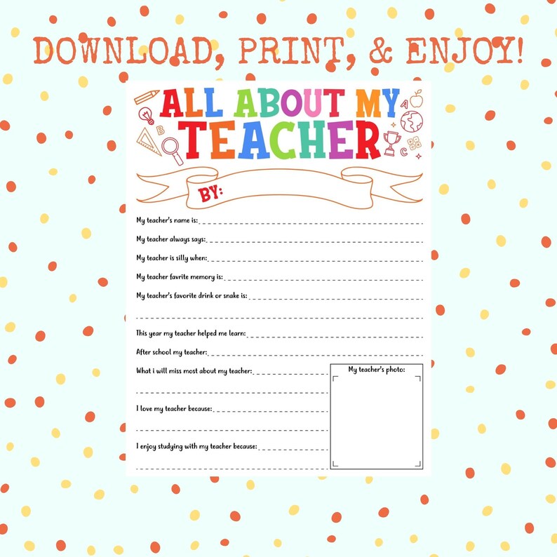 Teacher Survey All About My Teacher Teacher Coloring Page - Etsy
