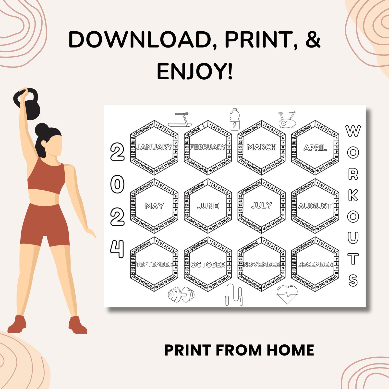 2024 Workout Tracker Coloring Sheet: Hexagon Fitness Calendar (digital ...