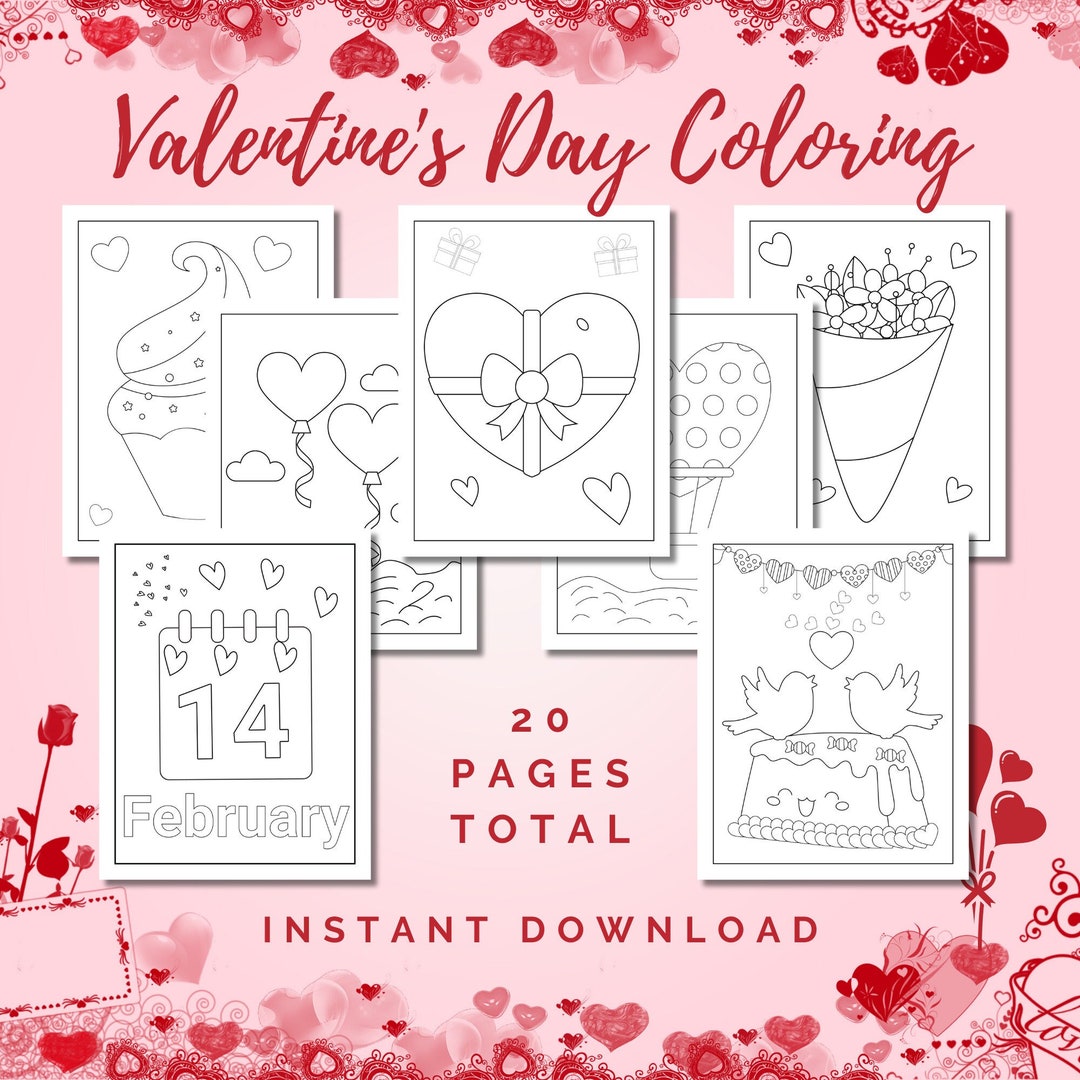 Digital Printable Valentine’s Day Coloring Pages, Valentine Preschool ...