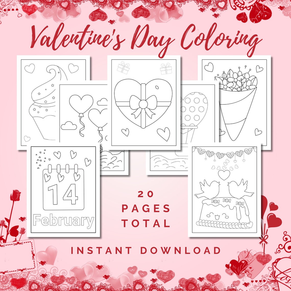 Digital Printable Valentines Day Coloring Pages, Valentine Preschool ...