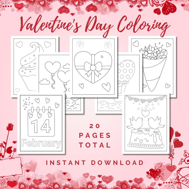 Digital Printable Valentine’s Day Coloring Pages, Valentine Preschool ...