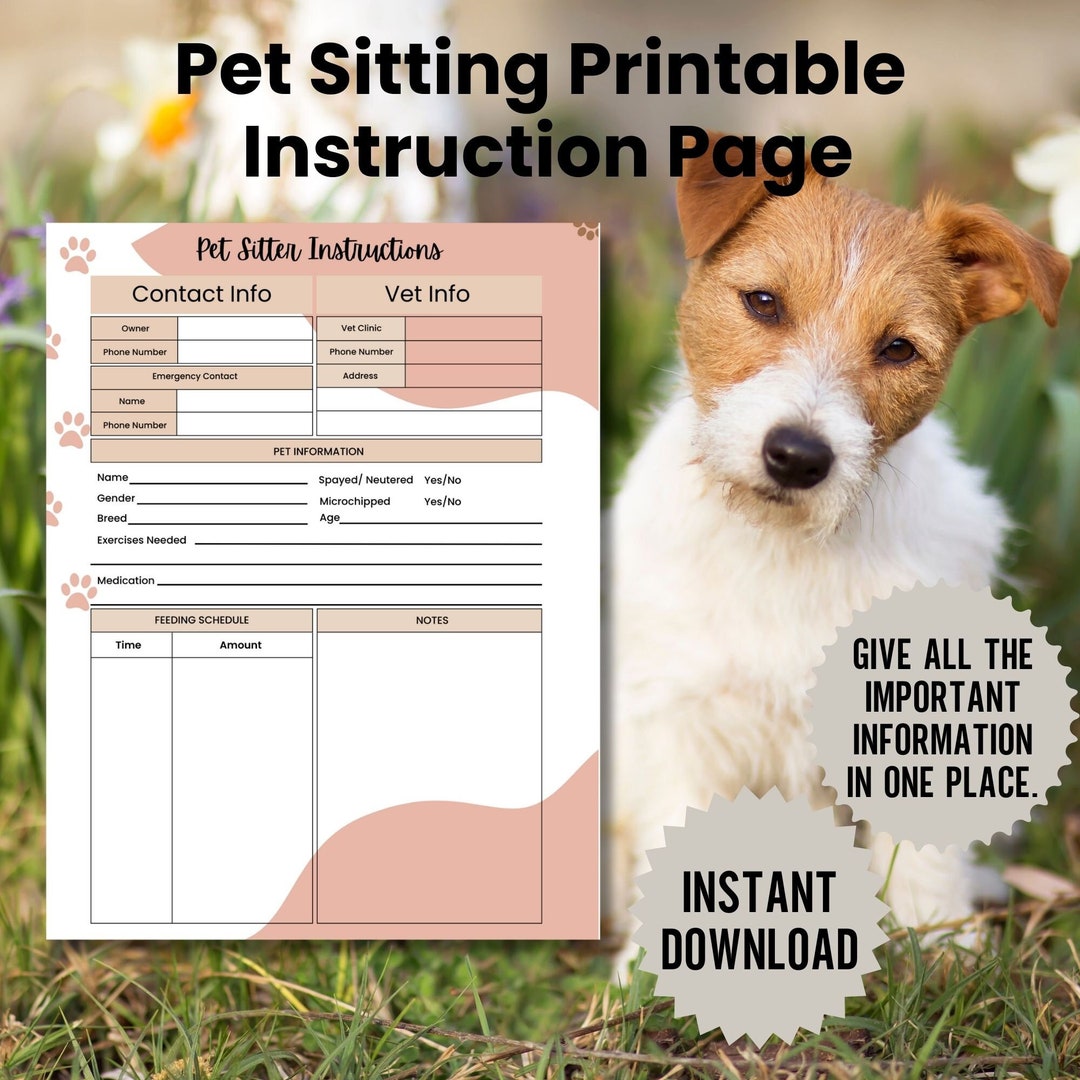 Pet Sitting Instructions, Feeding Schedule, Pet Sitter Notes, Dog ...