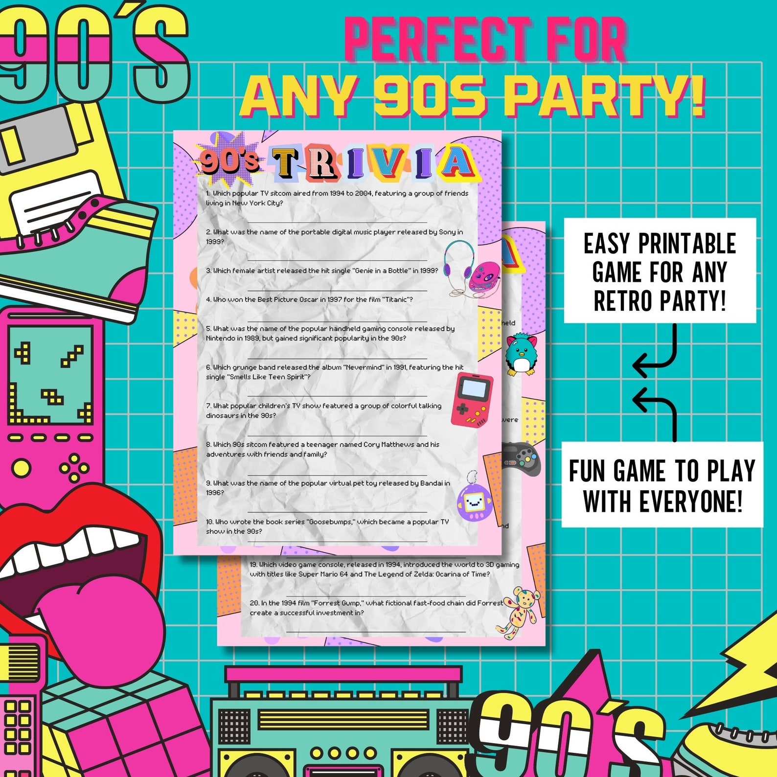 90s Nostalgia Trivia Game: Printable Party Questions (PDF Download) - Etsy