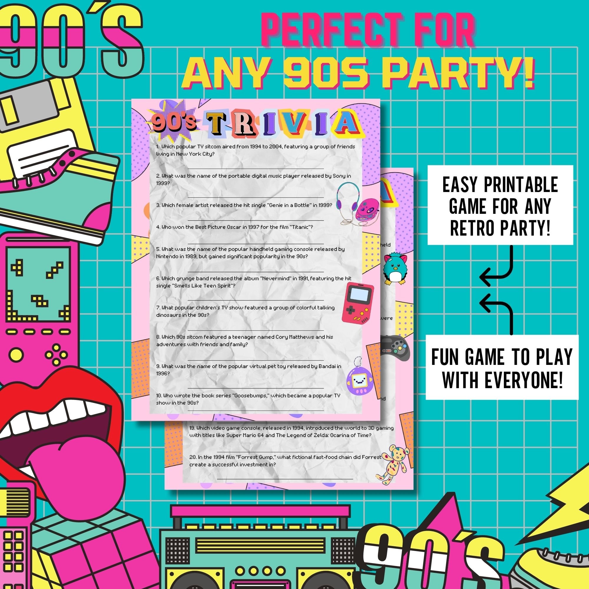 90s Trivia,1990s Party Game for Kids & Adults,90s Game Printable,trivia ...