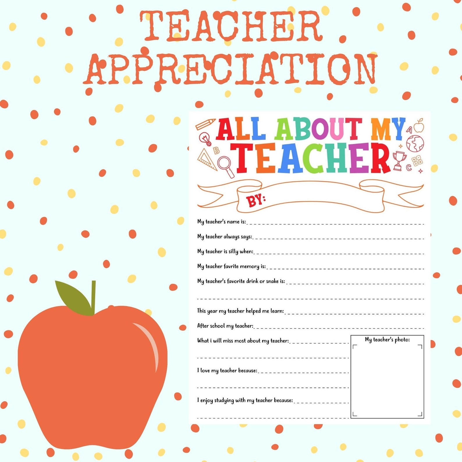 Teacher Survey All About My Teacher Teacher Coloring Page - Etsy